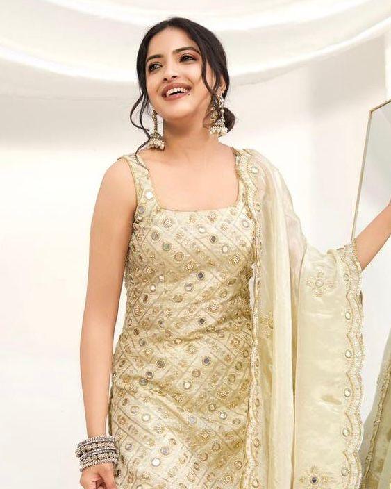 Admiring White Natural Crap Embroidery Sequence Work Sharara Suit With ...